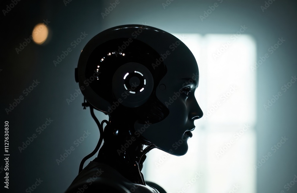 Futuristic robot head in profile view against dark background. Advanced ...