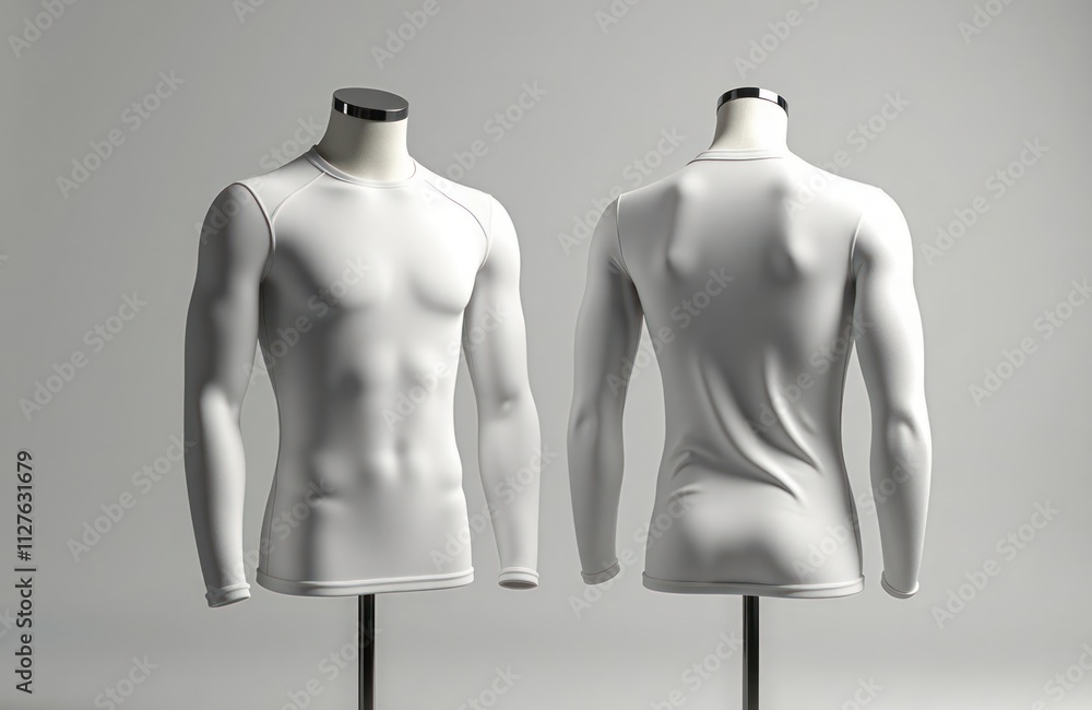 Mannequin wears white compression long sleeve shirt. Front, back views ...