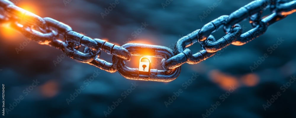 Broken chain link over binary code and padlock, symbolizing ...