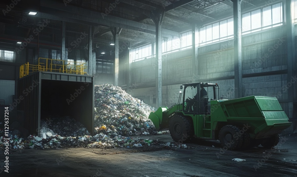 Ilustración de Stock Inside a modern warehouse, where a large green ...