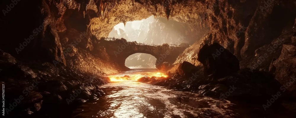 Inside a volcano, a cave houses a lava flow, forming a hellish scene ...