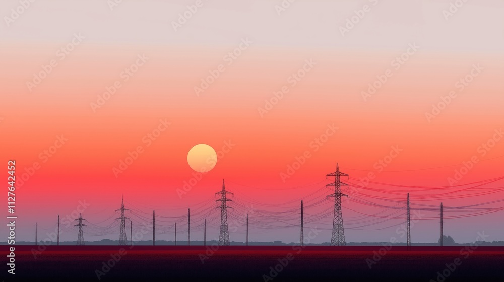 Sunset landscape shows silhouette of power pylons, cables across vast ...