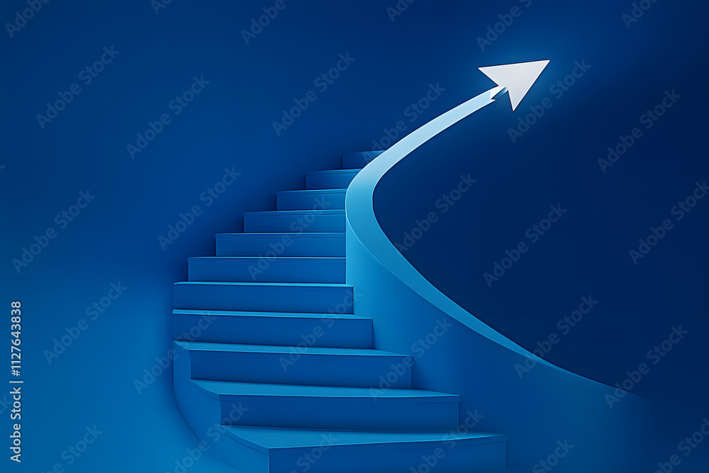 White arrow following the spiral staircase of growth on blue background ...