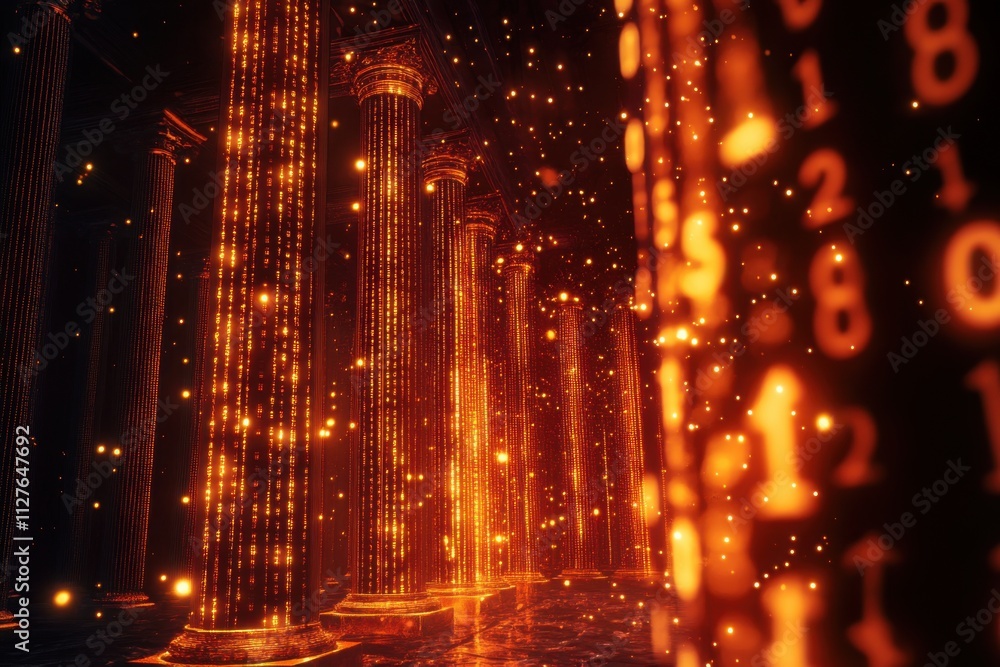 Classical columns dissolving into binary code, matrix lighting effect, digital detail, with copy ...