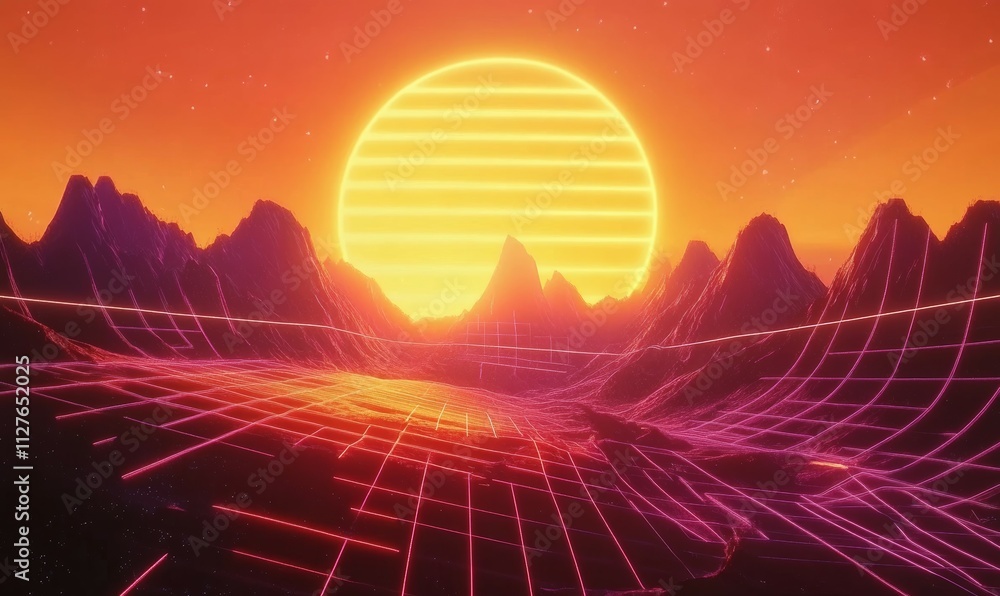 This 1980s neon sunset synthwave background showcases a cyber grid ...