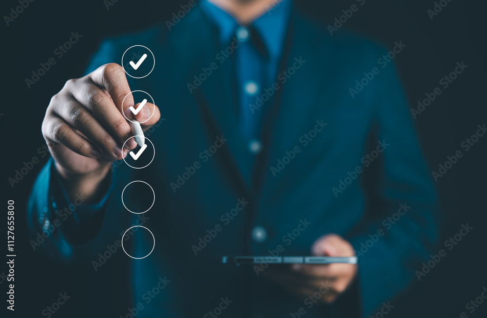 Business performance checklist, businessman using smartphone doing ...