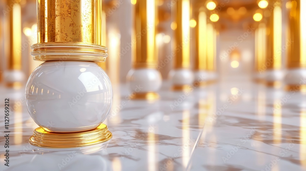 Golden palace hall close-up with polished marble textures, intricate ...