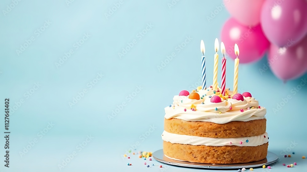 Colorful kid's birthday card with balloons and birthday cake, with copy ...