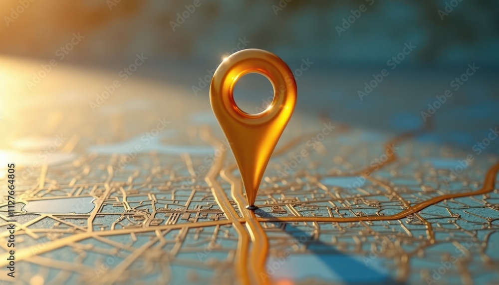 Golden location pin marks spot on city map. Detailed map shows city ...