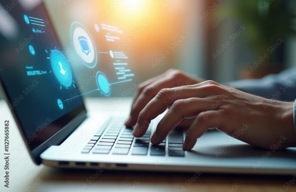 Person uses laptop interacting with AI virtual assistant. Hands type on keyboard. Tech interface ...