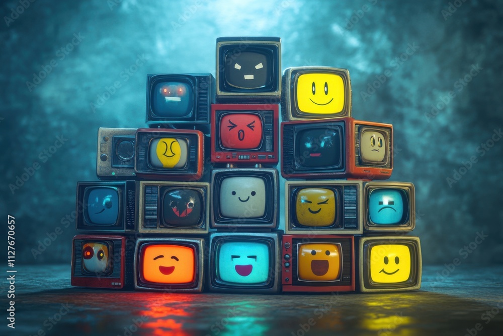 Vintage TV sets stacked in a pyramid displaying emoji faces, neon ...
