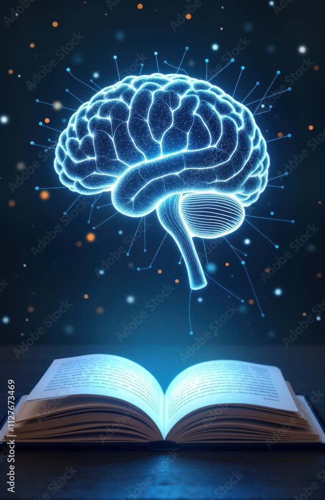 Futuristic illustration shows glowing brain hovering above open book. Modern technology concept ...