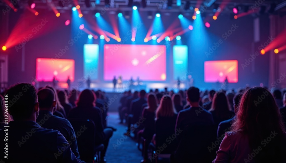 Large audience attends tech event. People seated in auditorium. Stage ...