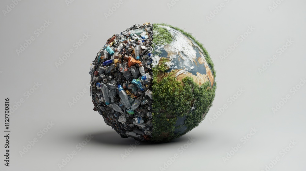 Planet earth covered half in trash and half in greenery showing ...