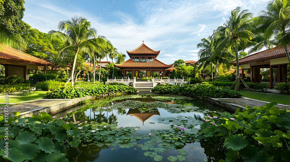 Beijing Chinese garden with pagoda and water lilies, serene cultural ...