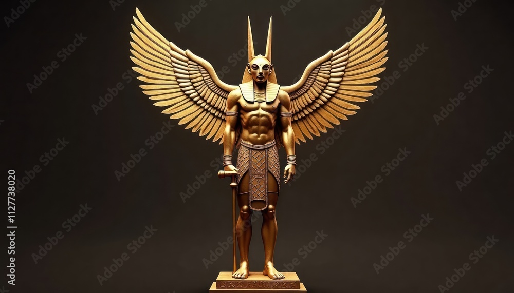 Ancient Egyptian god Horus stands majestic. Falcon-headed statue with ...