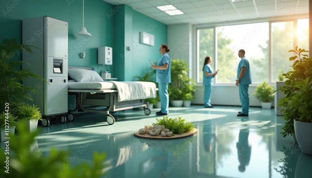 Eco-friendly hospital room with medical staff. Green plants, modern ...