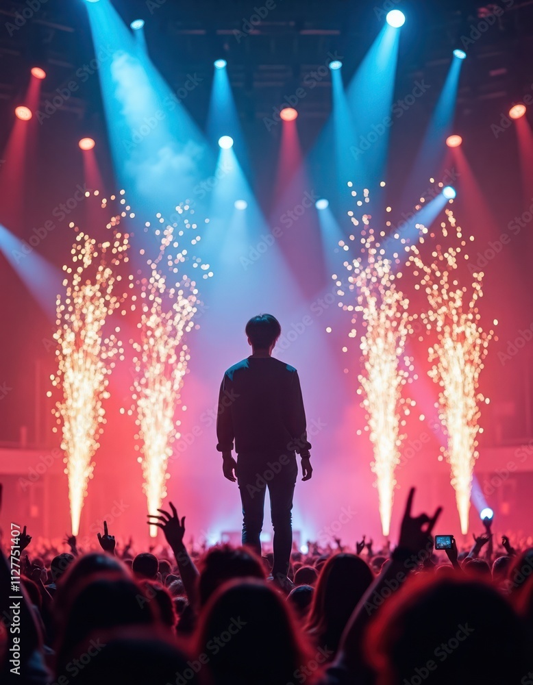Person standing on crowd in concert hall. Energetic concert. People ...