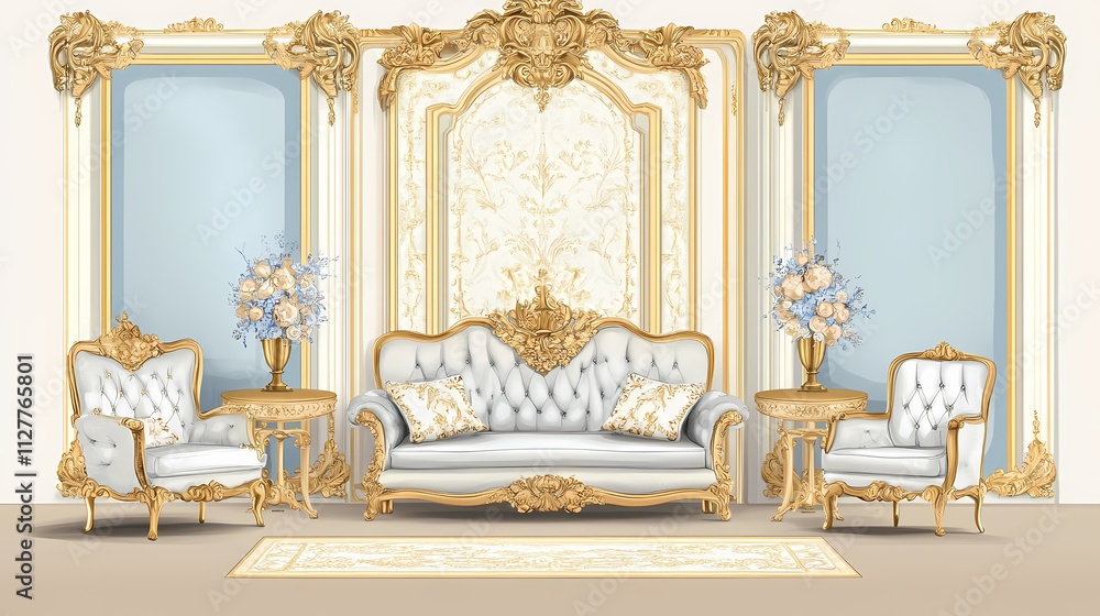 Luxury rococo style living room with gold accents and elegant furniture ...
