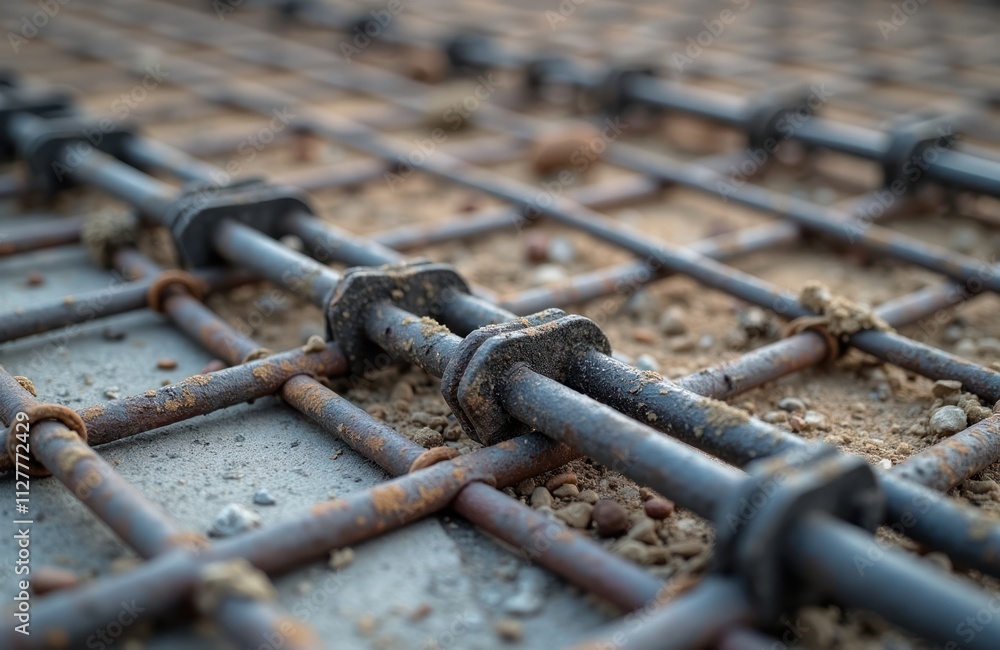 Foto de Stock Rusty steel grid reinforcement for concrete foundation ...