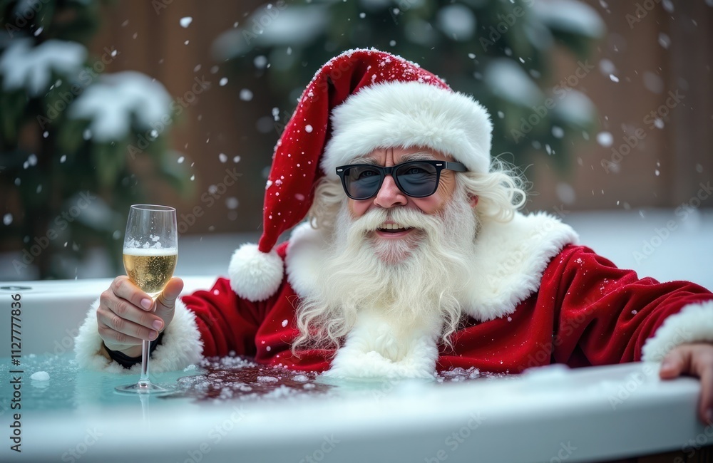 Santa Claus relaxes in hot tub. Wears sunglasses, holds champagne glass ...