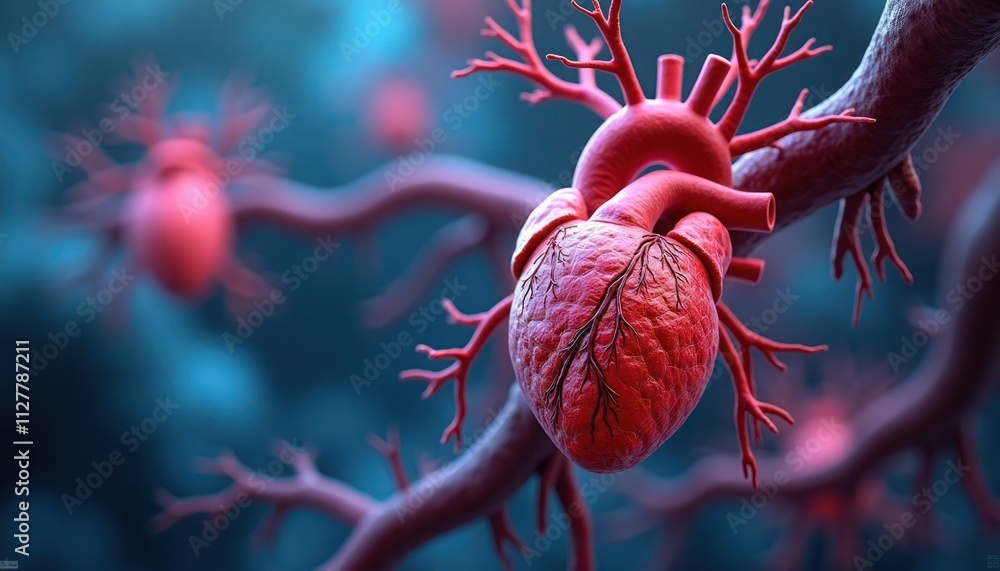 Detailed illustration of human heart within complex cellular structure ...