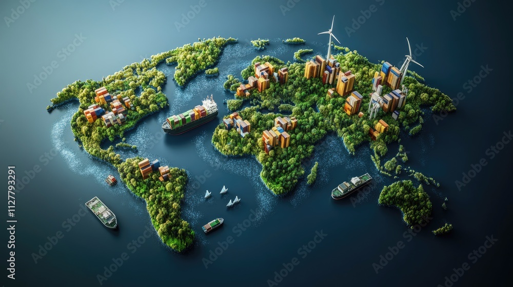 A global shipment map with clean energy vehicles representing green ...