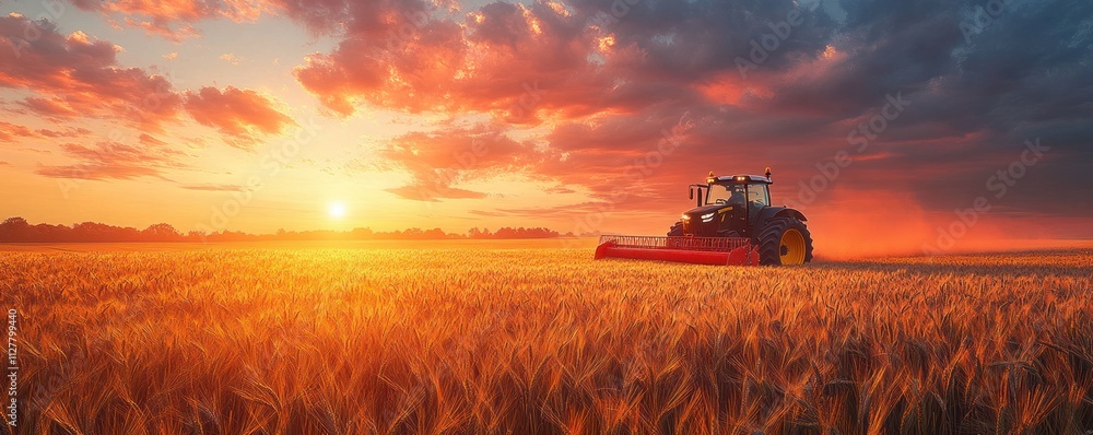 sunset tractor harvesting wheat field agriculture machinery production ...