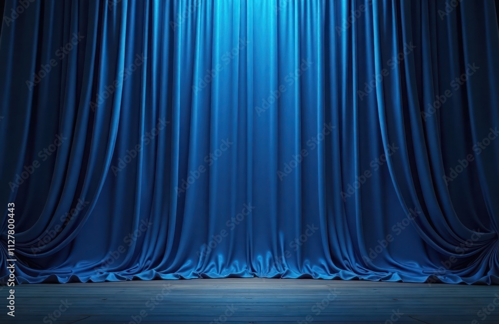 Luxurious blue theater curtain drapes elegantly. Folds of fabric create ...