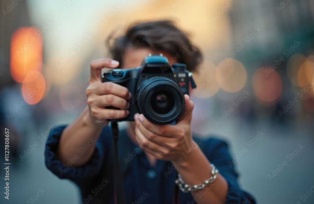 Person holds camera to capture street scene. Blurred background ...