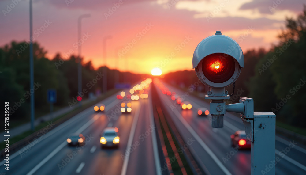 Ring road speed camera monitors traffic flow on highway at sunset ...