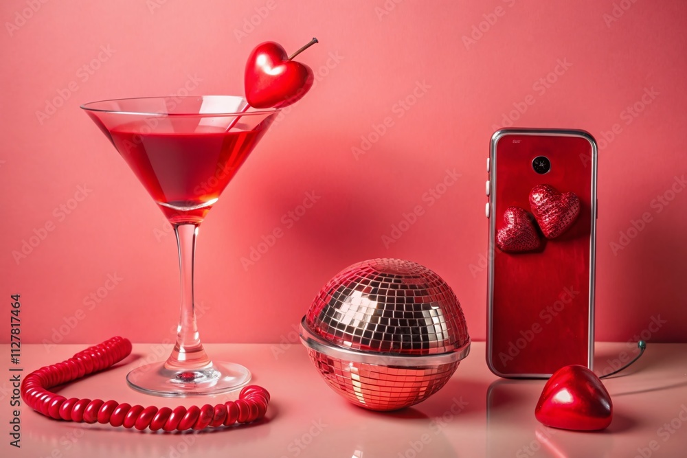 Minimalist Still Life of a Red Lip-Shaped Phone Next to a Red Cocktail ...