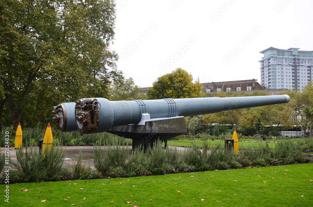 London, England, United Kingdom - October 2024: Royal Navy 15-inch guns ...
