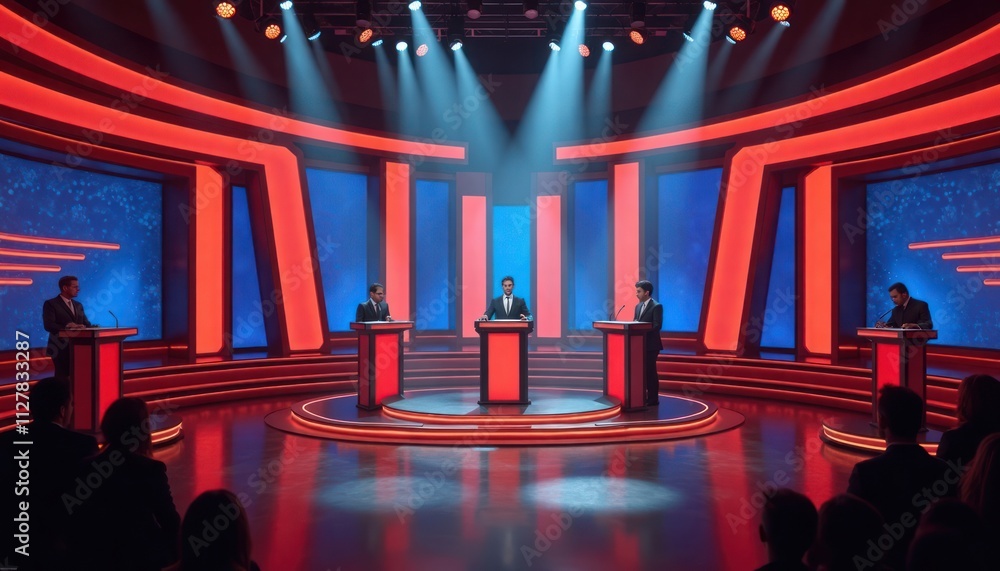 Game show set features contestants at podiums with buzzers. Audience ...