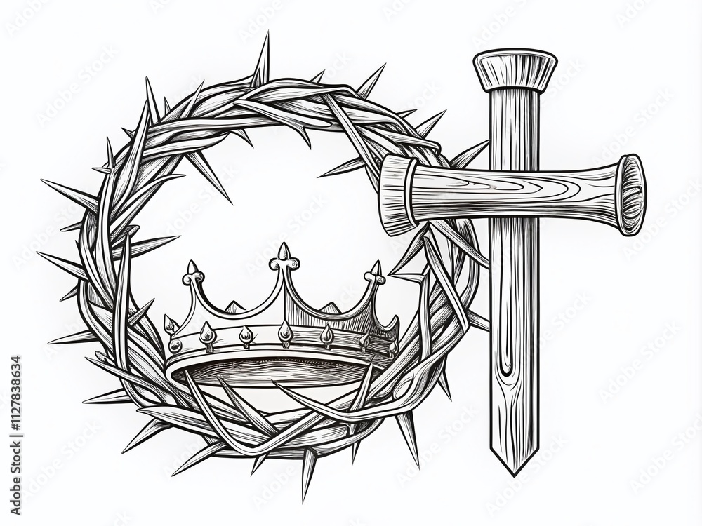 Outline Illustration of Cross, Crown of Thorns, and Nails for Coloring with Ample Copy Space for ...