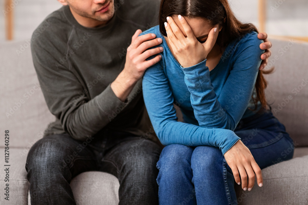 Compassion Concept. Man comforting and consoling his sad mourning ...