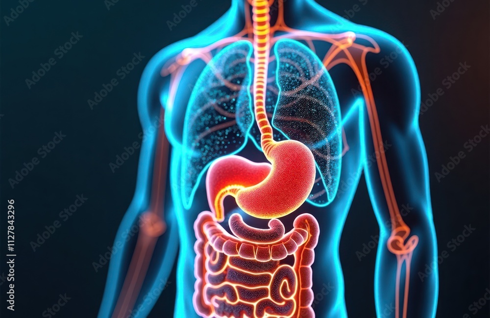 Human body cutaway displays superfood interaction with digestive system ...