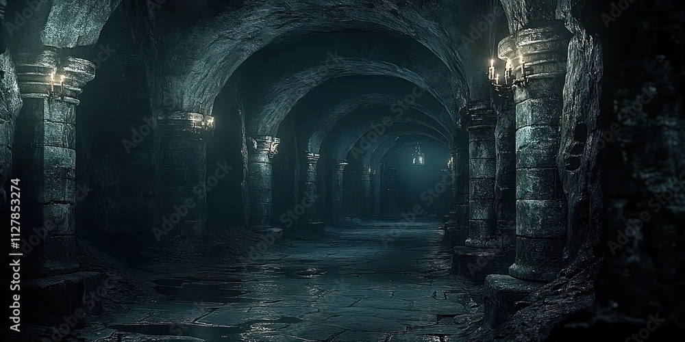 Dark Gothic Dungeon Corridor with Flickering Candlelight Shadows and ...