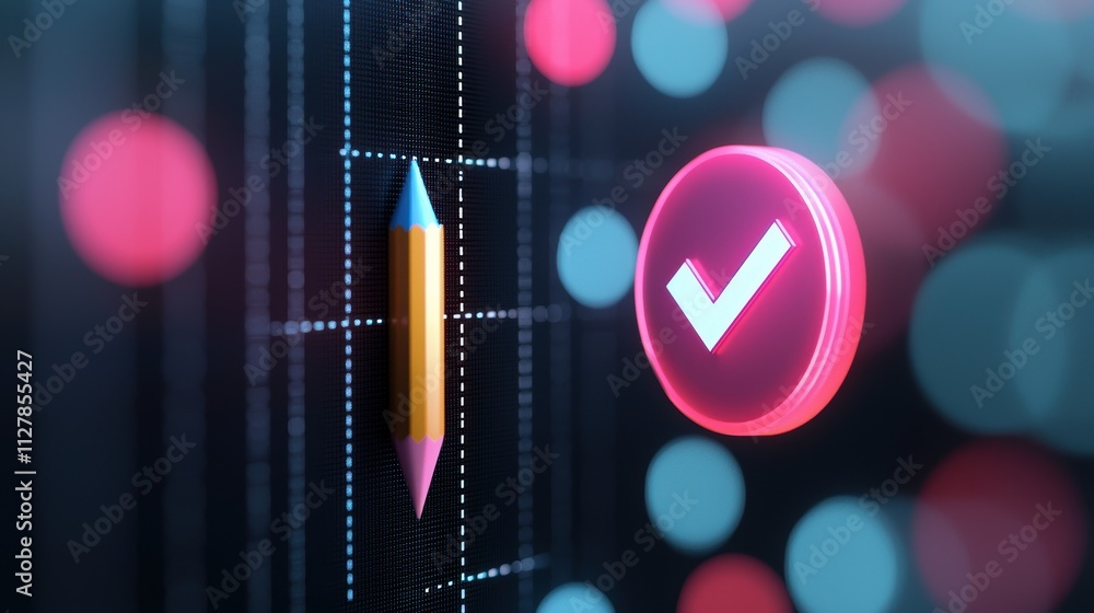 Pencil with Checkmark A digital interface displaying a pencil icon next ...