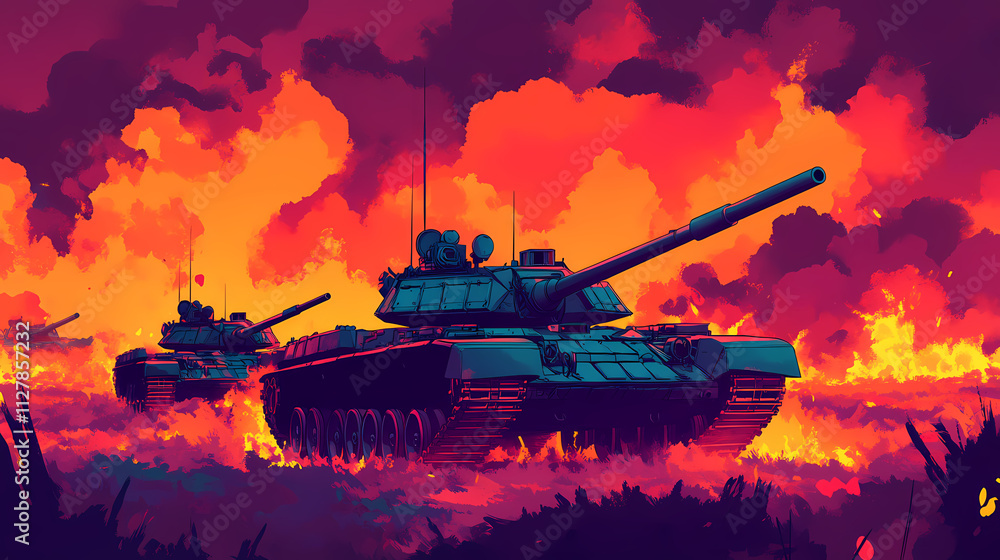 Tanks in a field, fire on the background . ai generated art. Halation ...