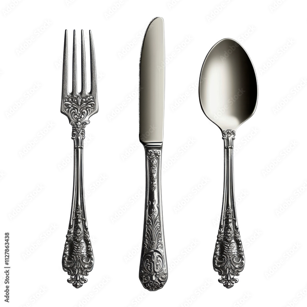 Elegant silver cutlery set with intricate detailing on transparent ...