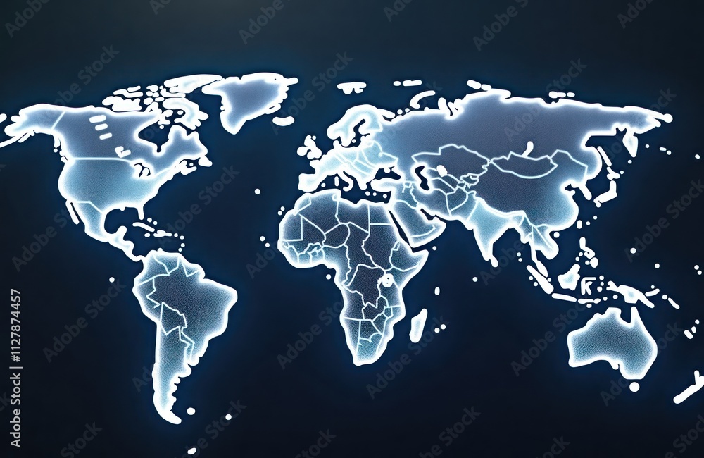 Global network visualization displayed as glowing digital map. World map highlighted in glowing ...