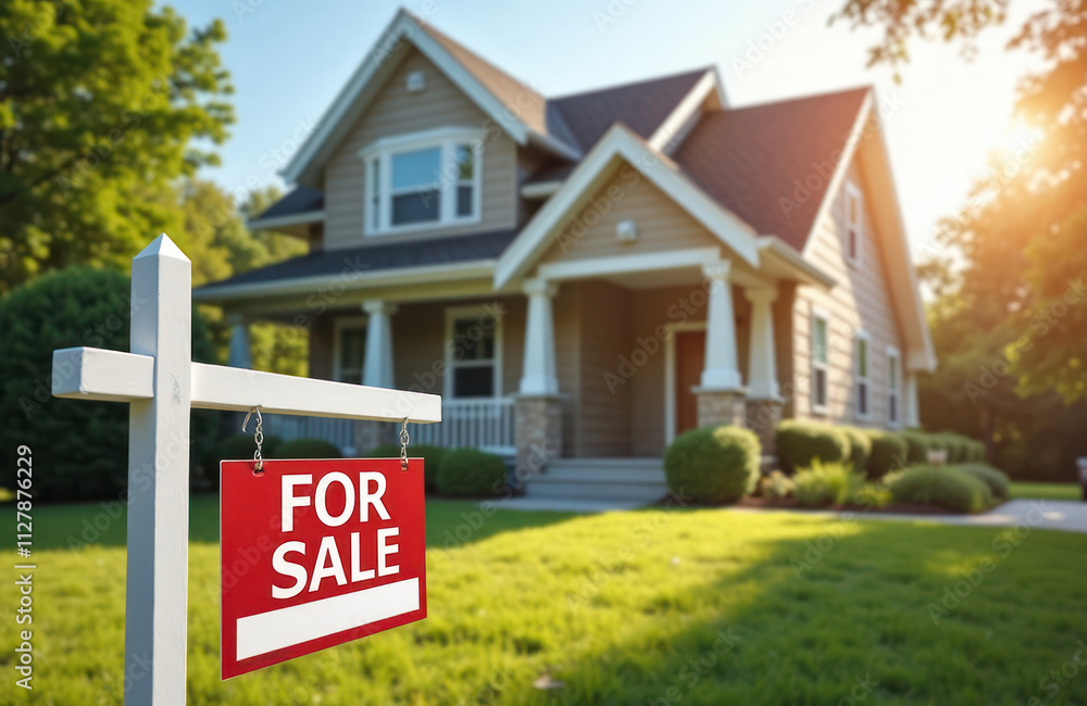 Charming suburban house. For sale sign in front yard. Sunny day ...