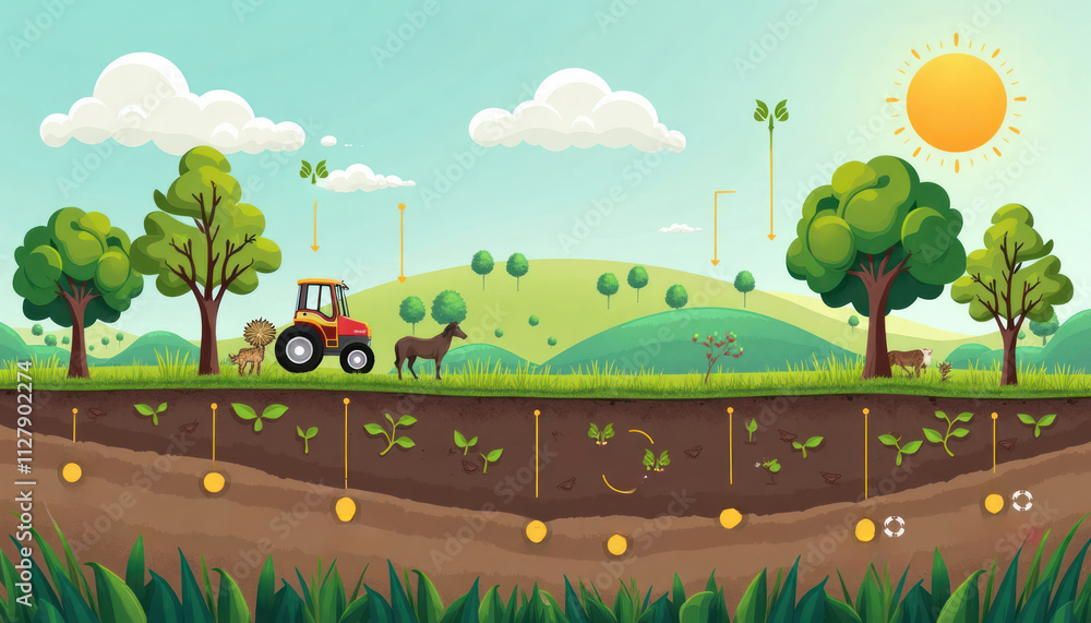 Illustration shows nitrogen cycle impact on soil health. Farm tractor ...