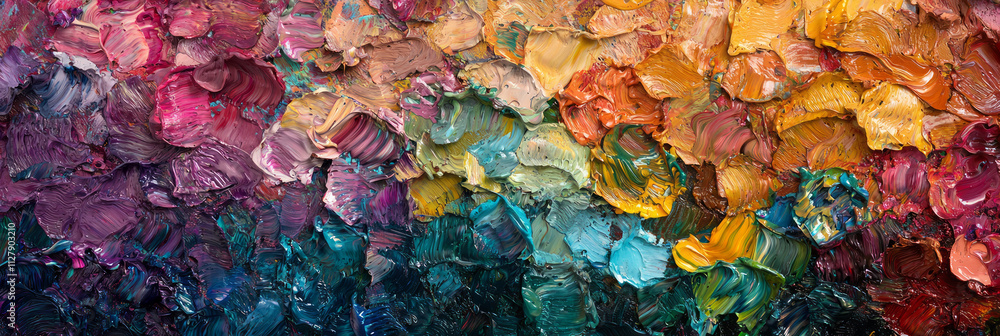 Close up of an artist's palette with layers of different colors, each ...
