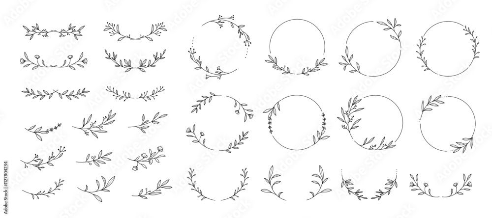 hand drawn simple Frame line wreath with flower and leaf branch for ...