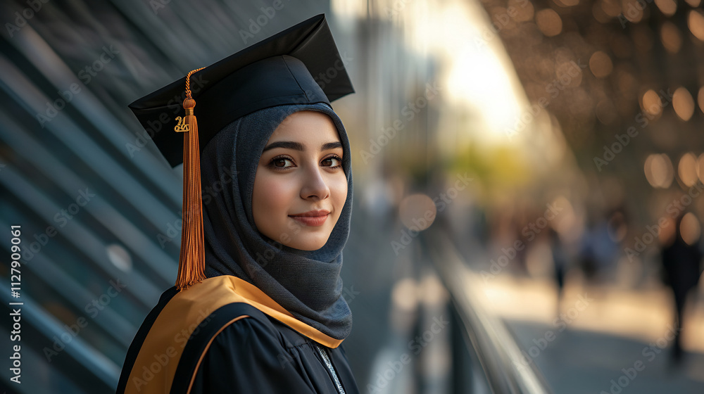 Smiling graduate wearing a black cap and gown with a red stole and ...