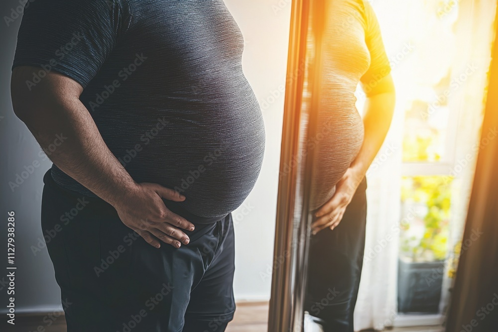 Exploring obesity an overweight person stands in front of a mirror in a ...