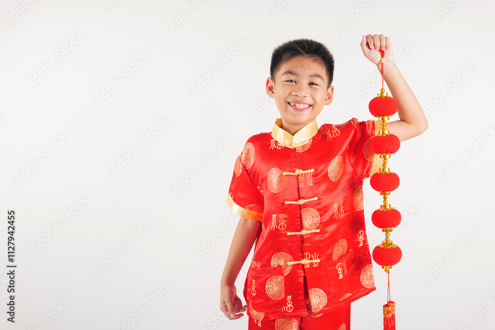 Chinese New Year. Happy Asian Chinese little kid boy smile wearing red ...