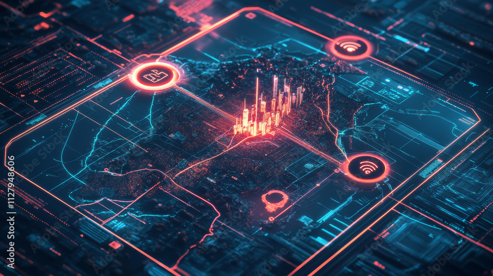 glowing digital map interface displays futuristic cityscape with ...